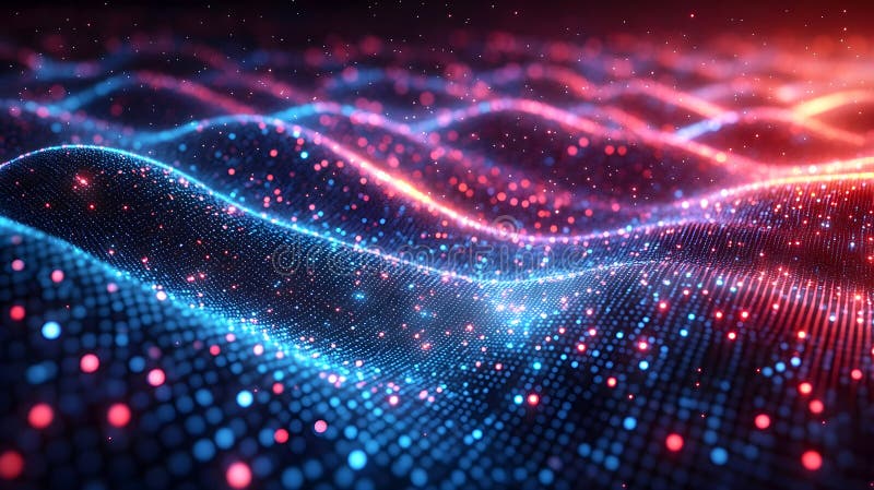 Abstract Glowing Waves of Red and Blue Dots Resembling a Futuristic ...