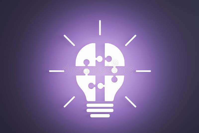 Abstract Glowing White Puzzle Light Bulb on Purple Background ...