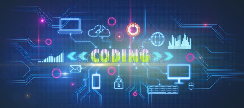 Abstract Glowing Wide Coding Hologram on Background. Technology and ...