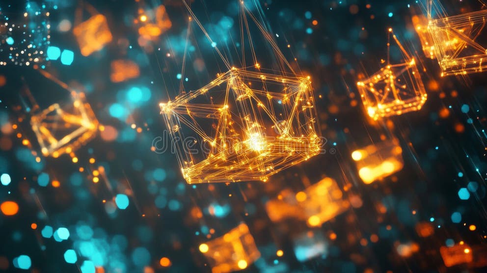 Abstract Glowing Wireframe Cube with Bokeh Lights Stock Illustration - Illustration of texture ...