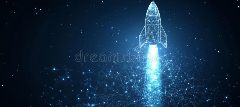 Abstract Glowing Wireframe Rocket Ship Launching on a Dark Blue ...