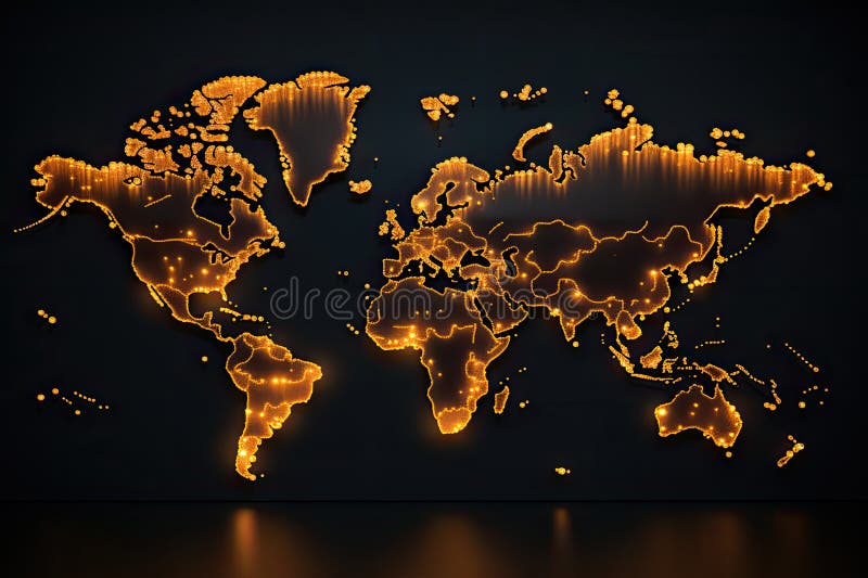 Abstract Glowing World Map on Dark Background. Communication and Travel ...