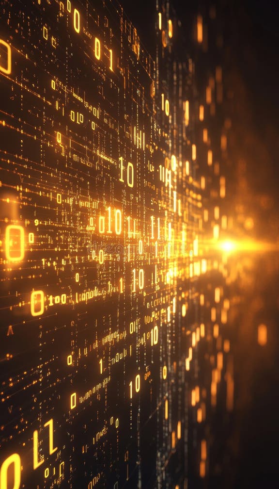 Abstract Glowing Yellow Digital Binary Code Data Stream, Technology Background. 3D Render Stock ...