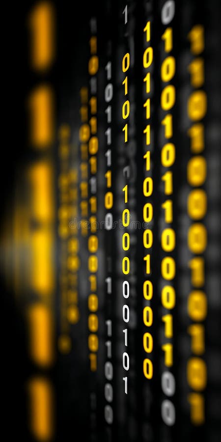Abstract Glowing Yellow Streams of Digital Binary Code Data Flowing on a Computer Screen Stock ...