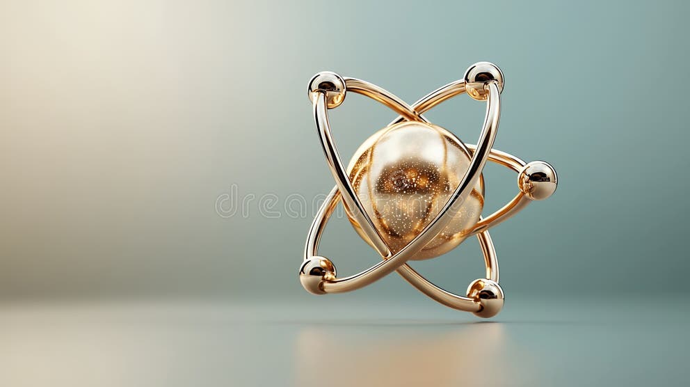 Abstract Gold Atom Model 3D Render on Green Background Stock ...