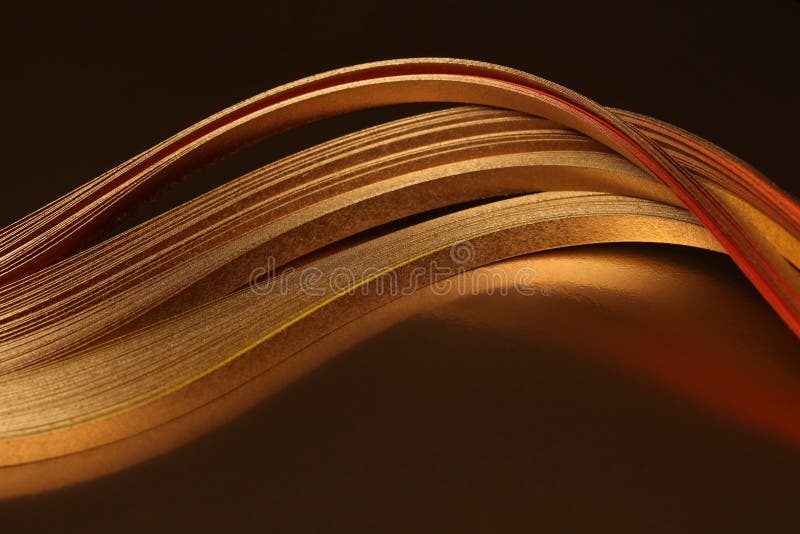 Abstract Gold Bronze Wave Lines Paper Ribbons on Black Empty Background ...
