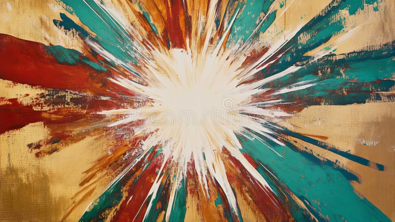 Abstract Gold Explosion with Teal, Red, and White Radiating Art Stock ...