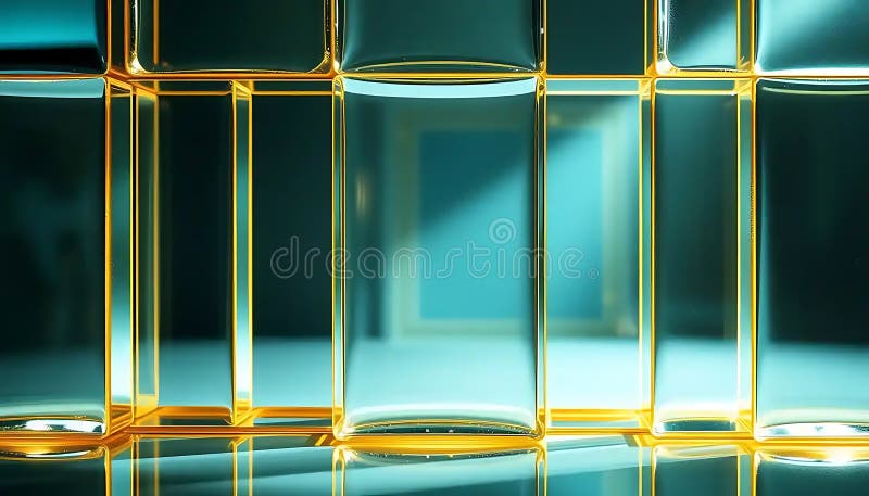 Abstract Gold Framed Teal Glass Blocks Reflection Stock Illustration ...