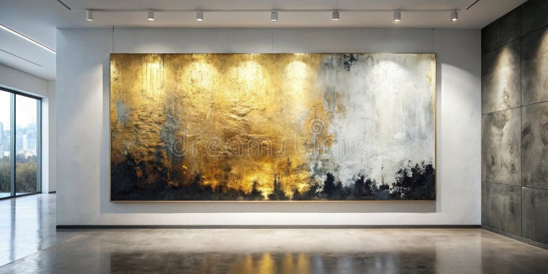 Abstract Gold and Grey Canvas Art in Modern Gallery Setting. Generative AI Stock Illustration ...