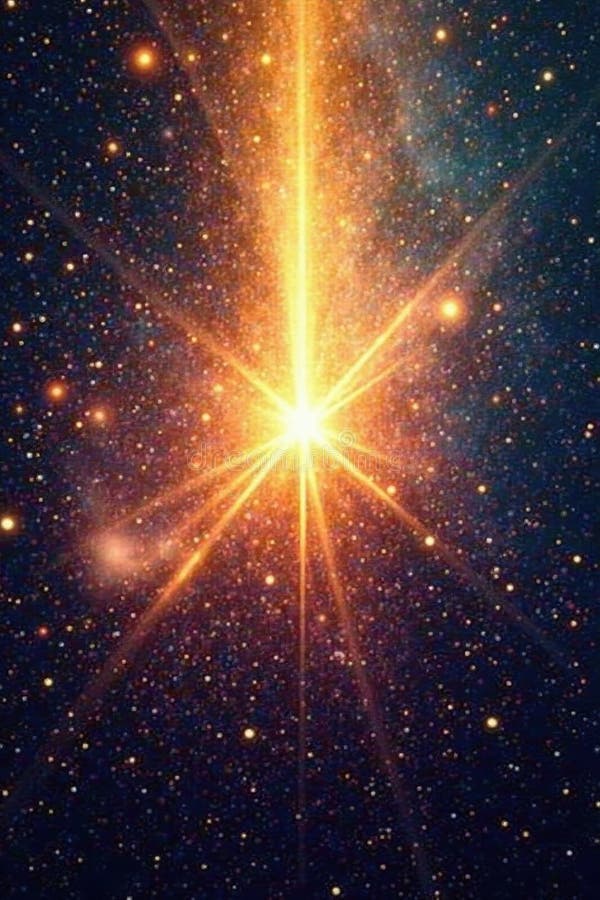 Abstract Gold Light Rays Burst from Center, Cosmic Starfield Backdrop ...