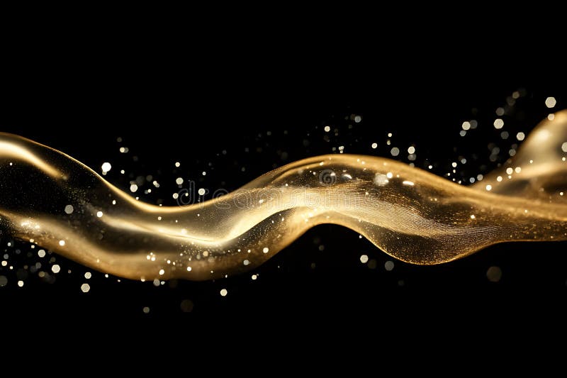 Abstract Gold Liquid Wave Flowing on Black Background with Sparkles ...