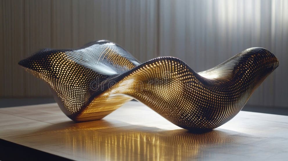 Abstract Gold Metal Sculpture with Wave Form and Perforated Pattern ...