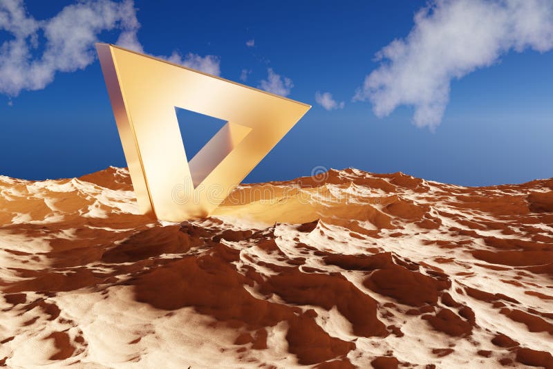 Abstract Gold Metal Triangle in Desert Sand - 3D Illustration Stock ...
