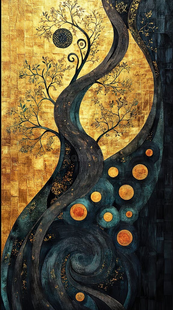 Abstract Gold and Teal Tree Artwork Stock Illustration - Illustration ...
