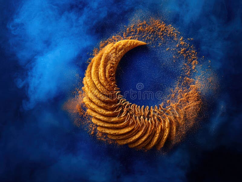 Abstract Golden Crescent Moon Surrounded by Particles on Gradient Blue ...