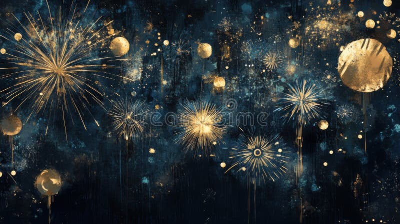 Abstract Golden Fireworks Exploding Against Dark Sky in Cosmic ...