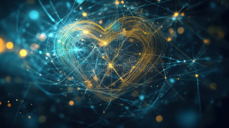 Abstract Golden Heart in Network of Blue Digital Connections Stock ...