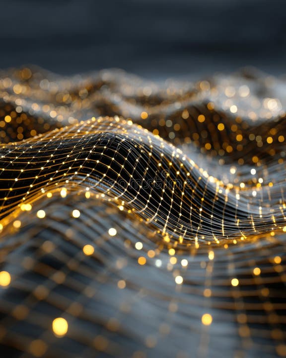 Abstract Golden Illuminated Grid Waves Background Stock Illustration ...