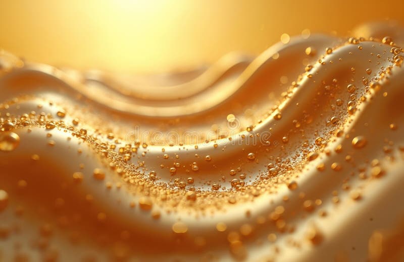 Abstract Golden Liquid with Flowing Wave, Small Bubbles. Shiny Surface ...