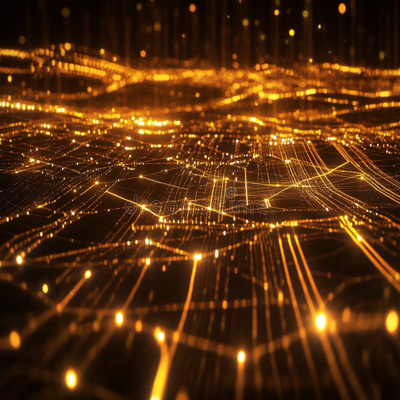 Abstract Golden Network Connection Digital Data Flow Illuminated Lines and Nodes Stock ...