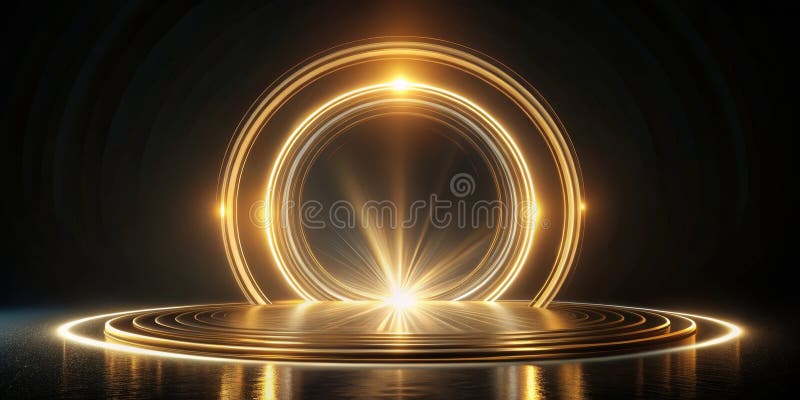 Abstract Golden Rings and Platform with Glowing Light Effects ...