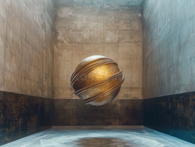 Abstract Golden Sphere Hanging in an Empty Room. Stock Illustration ...