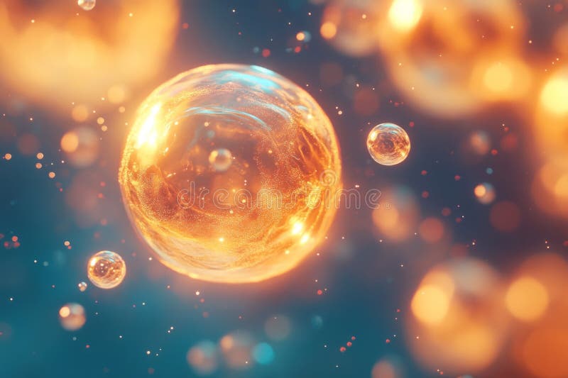 Abstract Golden Spheres Emitting Light and Floating in a Dark Blue ...