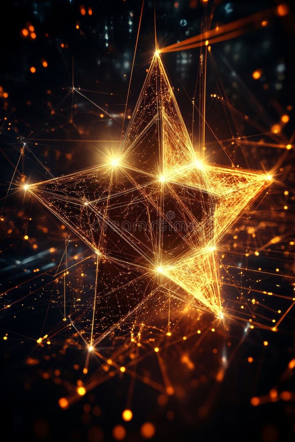 Abstract Golden Star Background Connection, Technology, and Light Trails in a Digital Network ...