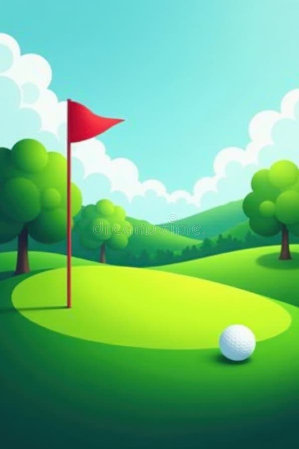Abstract Golf Course Illustration Green Field, Red Flag, White Ball ...
