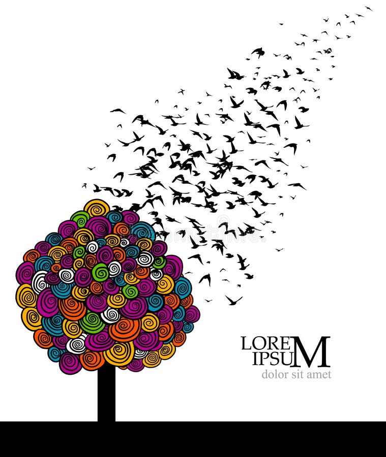 Abstract Graphic Tree with a Flock of Flying Birds. Vector Illustration ...