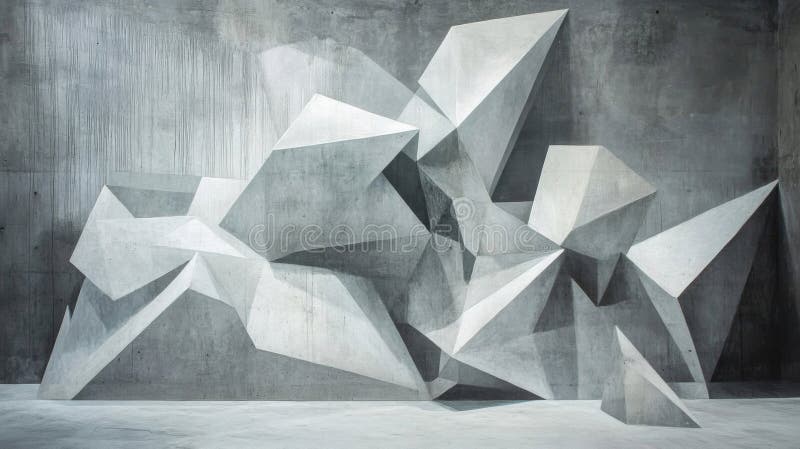 Abstract Gray Geometric Stone Sculptures on Concrete Wall Stock ...