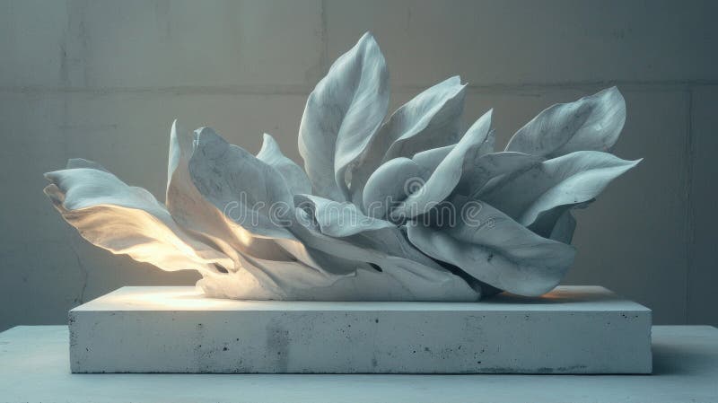 Abstract Gray Stone Leaf Sculpture on Concrete Base Stock Illustration ...