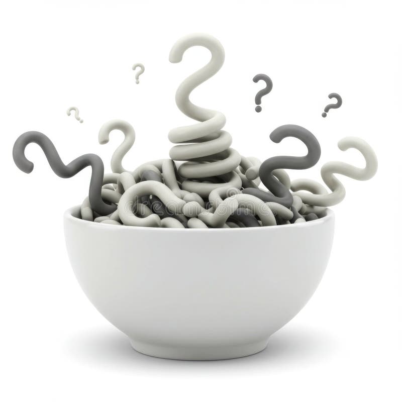 Abstract Gray and White Noodles in a Bowl with Question Marks on White ...