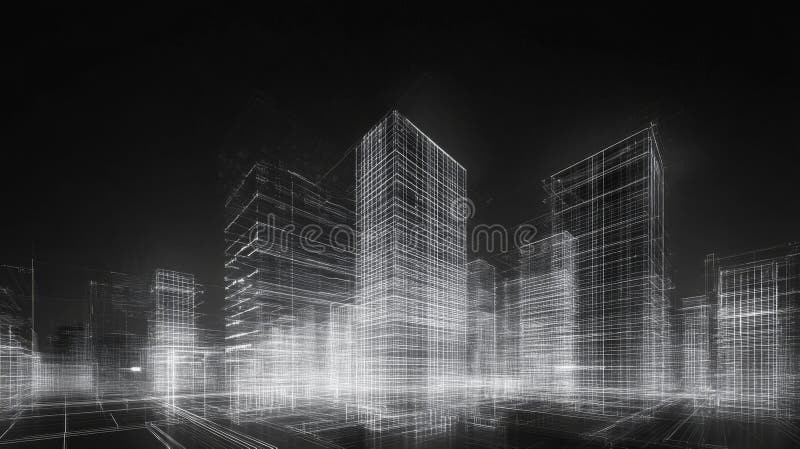 Abstract Grayscale City Skyline at Night with Bright Lights Stock ...