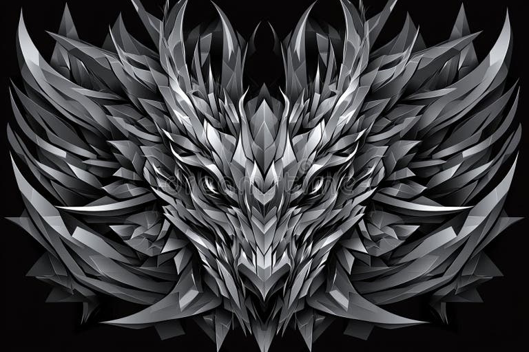 Abstract Grayscale Dragon Head Illustration with Sharp, Geometric ...