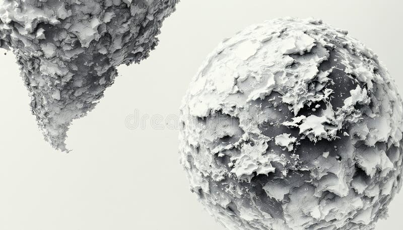 Abstract Grayscale Render of Two Rocky Celestial Bodies, One Spherical ...