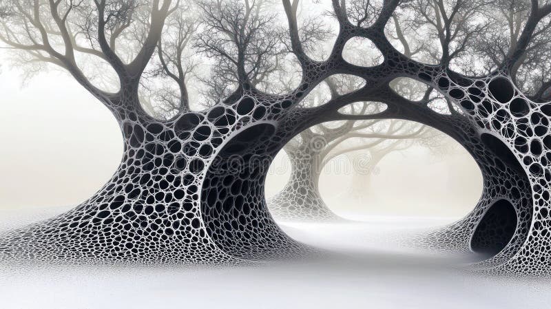 Abstract Grayscale Surreal Trees with Interconnected Hollow Forms in a ...