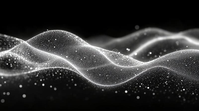 Abstract Grayscale Wave of Glowing Particles on Black Background Stock Illustration ...