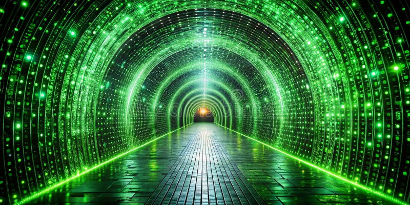 Abstract Green Code Tunnel Visualizes Digital Data Flow in Futuristic ...