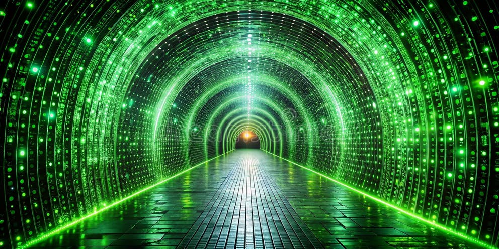 Abstract Green Code Tunnel Visualizes Digital Data Flow in Futuristic Technology Landscape Stock ...