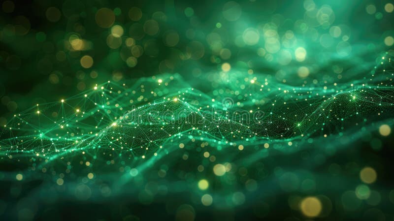 Abstract Green Digital Wave with Glowing Particles and Bokeh Lights, Perfect for Backgrounds or ...