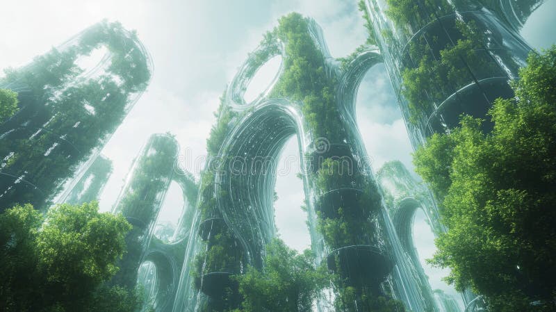 Abstract Green Fantasy Landscape with Geometric Trees Stock ...