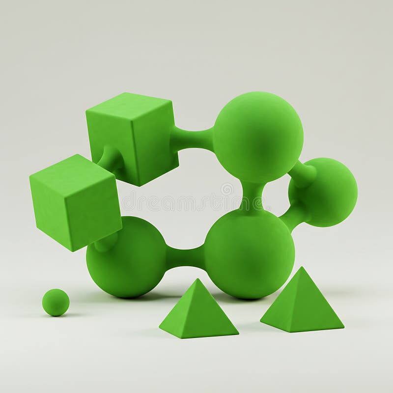 Abstract Green Geometric Shapes: Cubes, Spheres, Pyramids, and ...