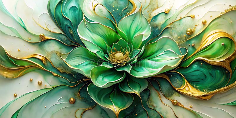 Abstract Green Gold Fluid Flower AI Art Stock Illustration ...