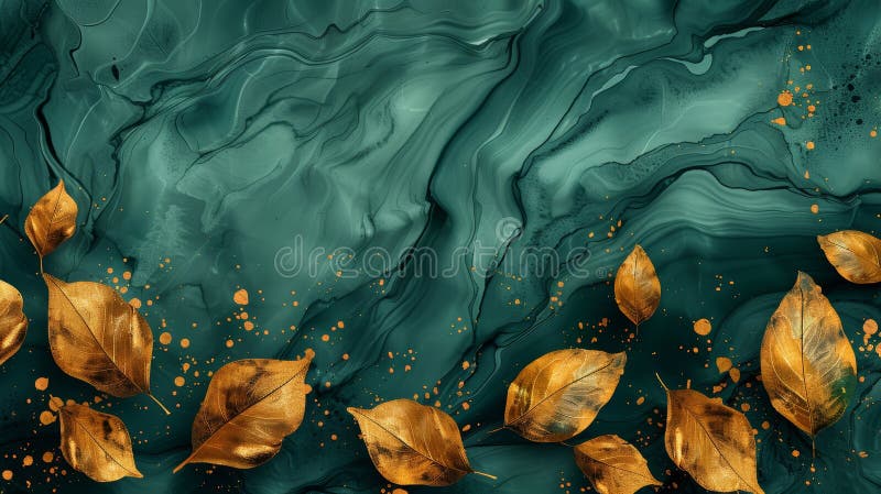 Abstract Green and Gold Marble Background with Autumn Leaves Stock ...
