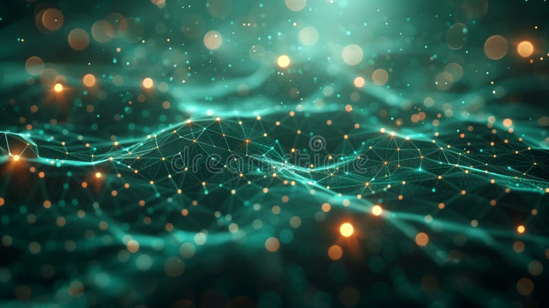 Abstract Green and Gold Wavy Digital Network with Bokeh Lights Stock ...