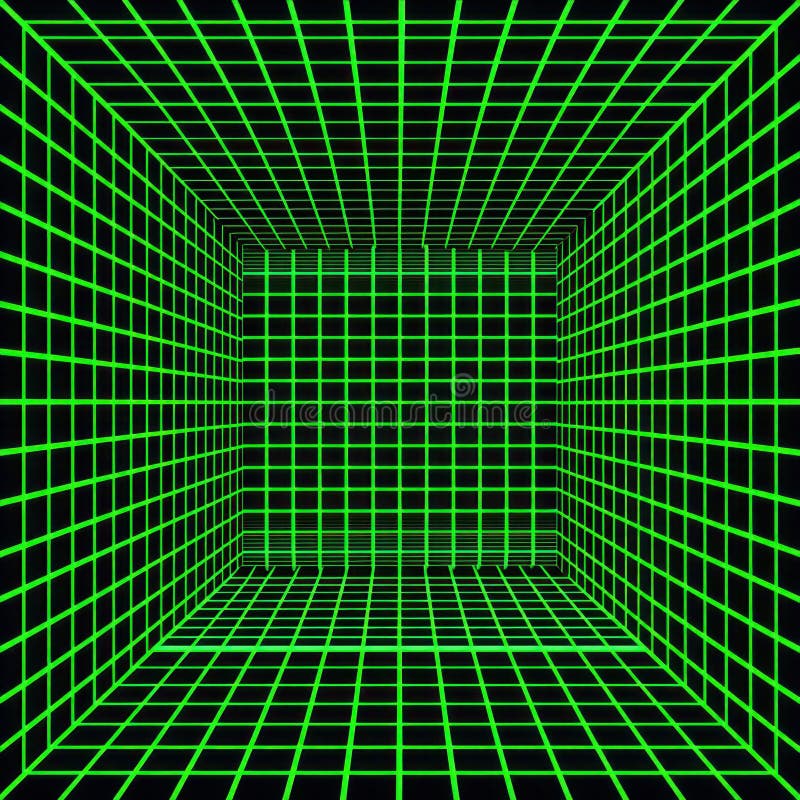 Abstract Green Grid Digital Art 3D Cube in Dark Space Stock ...