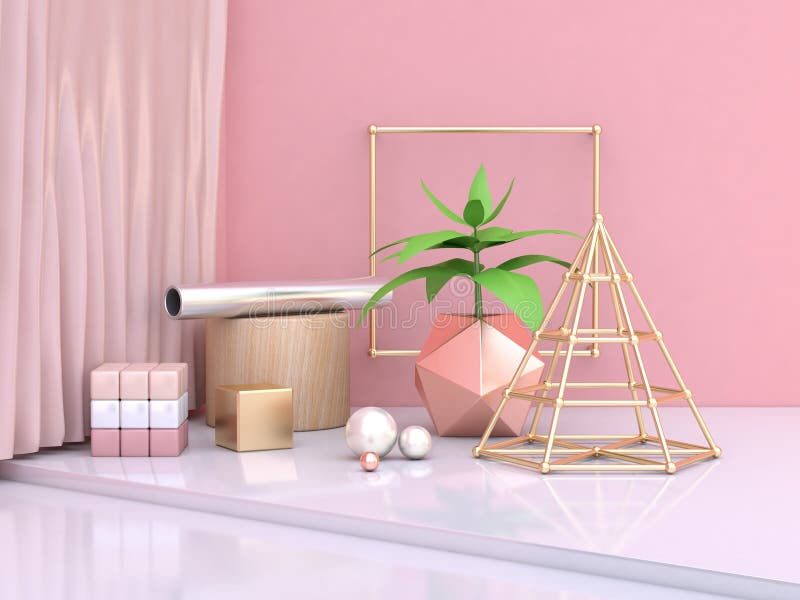 Abstract Green Leaf and Many Objects Geometric Shape Metallic Gold Pink ...