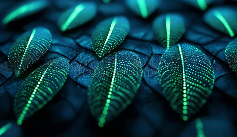 An Abstract Green Leaf Rendered in 3D and Surrounded by Light Particles ...