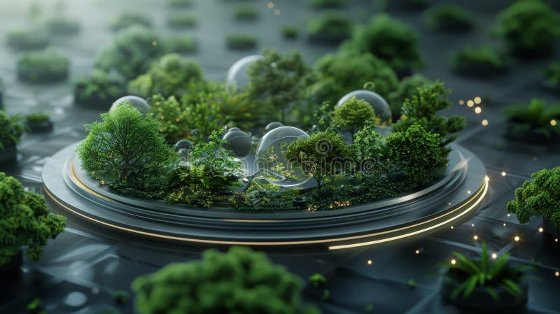 Abstract Green Life Forms on a Futuristic Platform with Glowing Rings ...